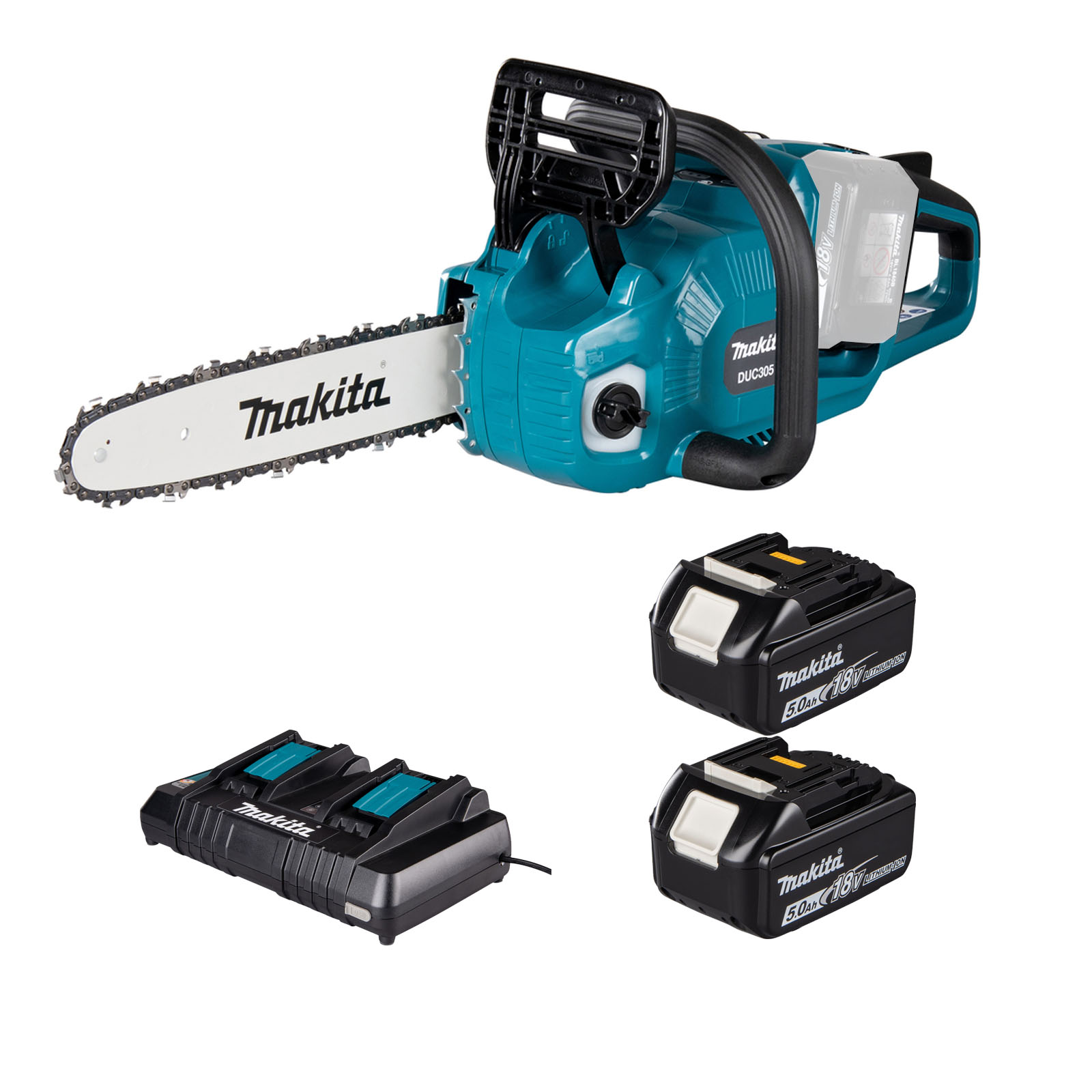Makita DUC305 Twin 18v LXT Cordless Brushless Chainsaw 300mm 2 x 5ah Li ...