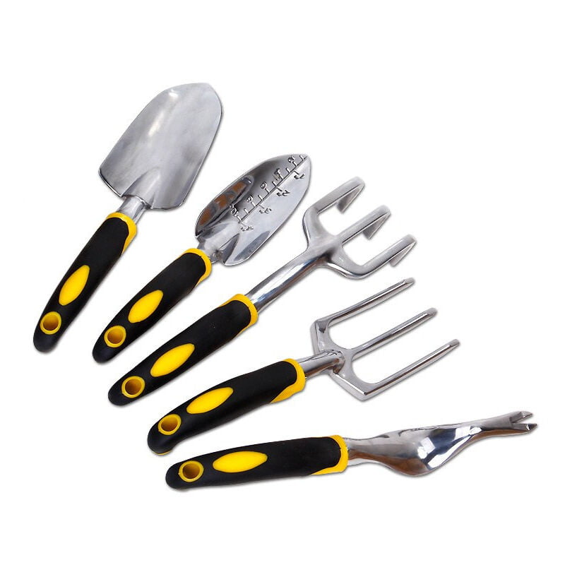 5 Pack Gardening Tools - Shovel Rake, Gloves, Ergonomic Cast Aluminum ...