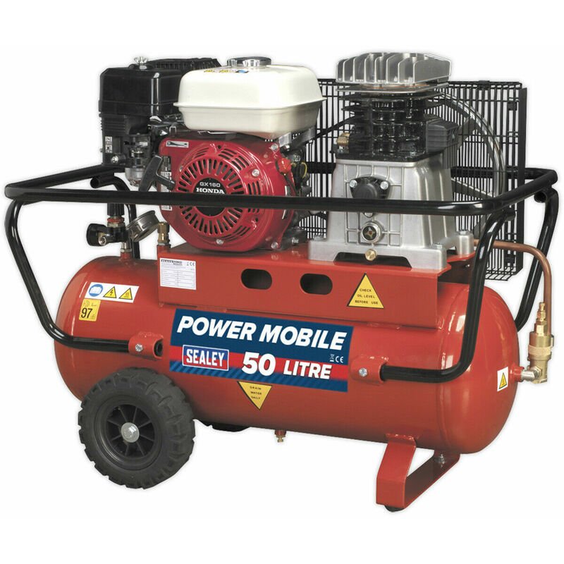50L Belt Drive Air Compressor - 5.5hp Petrol Engine - Twin Gauge & Air ...