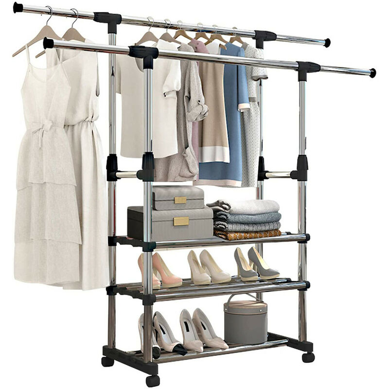 Clothes Racks with Wheels, 3 Tier Floor Stand Telescopic Garment Racks ...