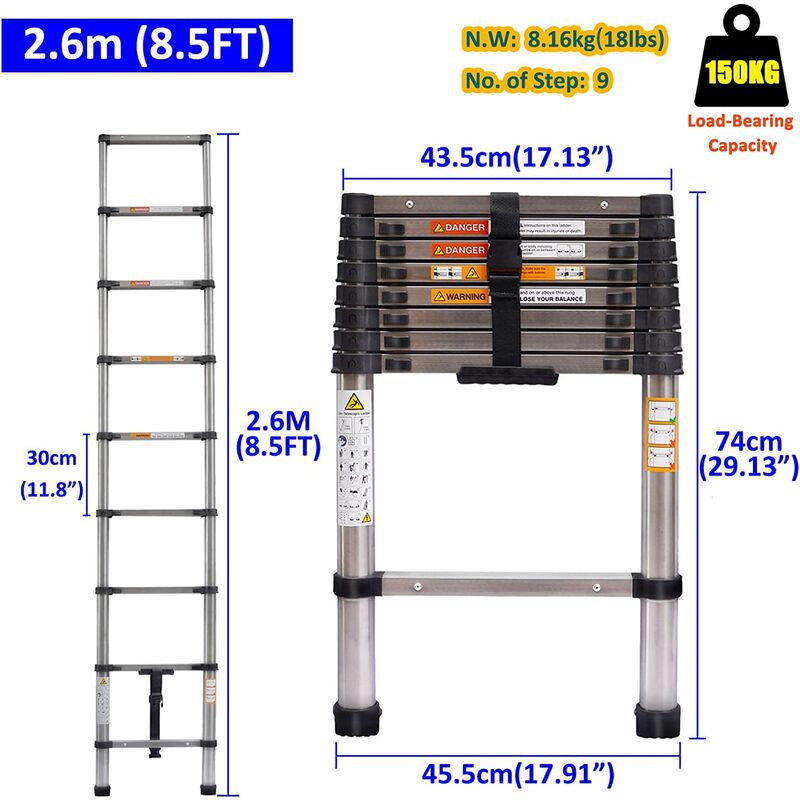 Day Plus - 8.5FT Telescoping Ladder, 2.6M Telescopic Extension Ladders ...