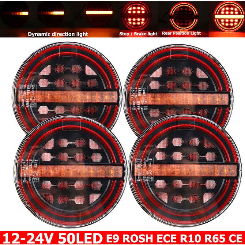 Kingso - 4X 12-24V 50LED Dynamic Slim Round led Tail Lights Rear Brake ...