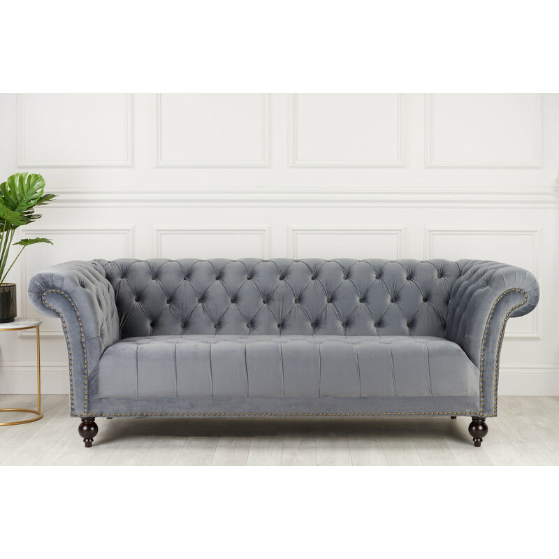 New Grey Velvet Beautifully Buttoned Chester 3 Seater Fabric Sofa ...
